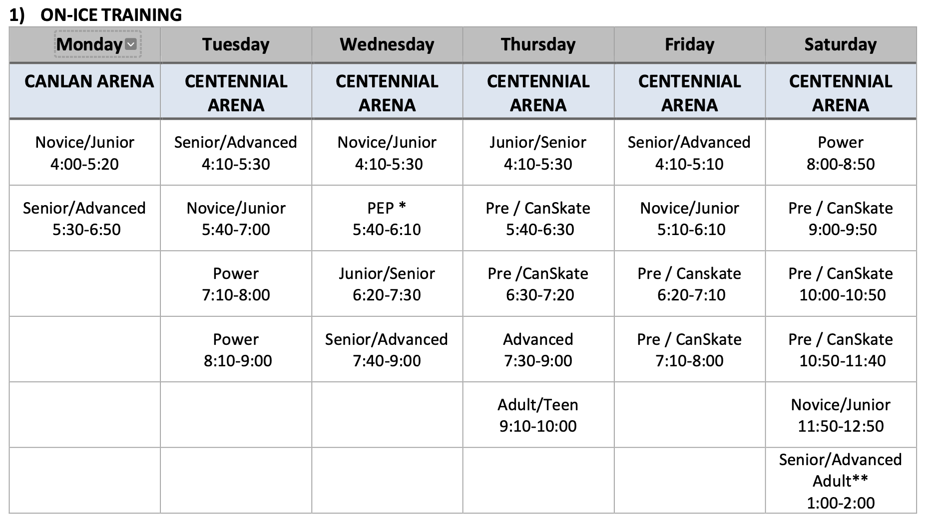 Schedules :: Markham Skating Club
